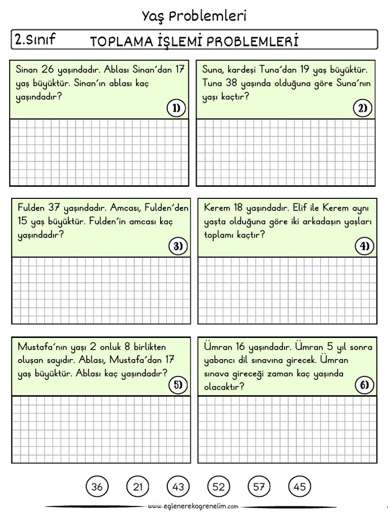2 Sinif Toplama Islemi Problemleri Yas Problemleri | PDF