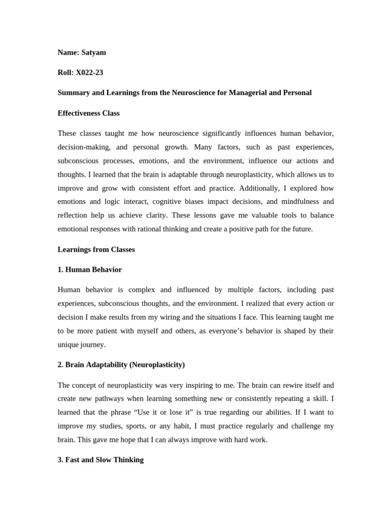 Satyam X022 23 Neuroscience 1 | PDF | Thought | Decision Making