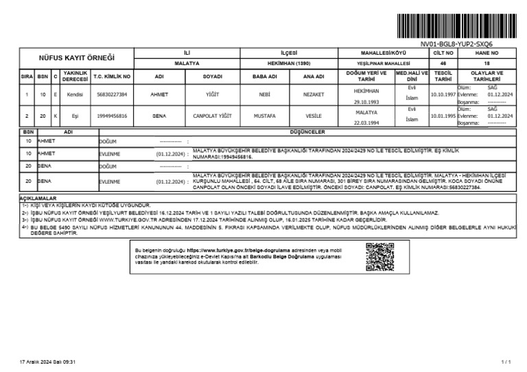 Nvi Nufus Kayit Ornegi Belgesi Sorgulama | PDF