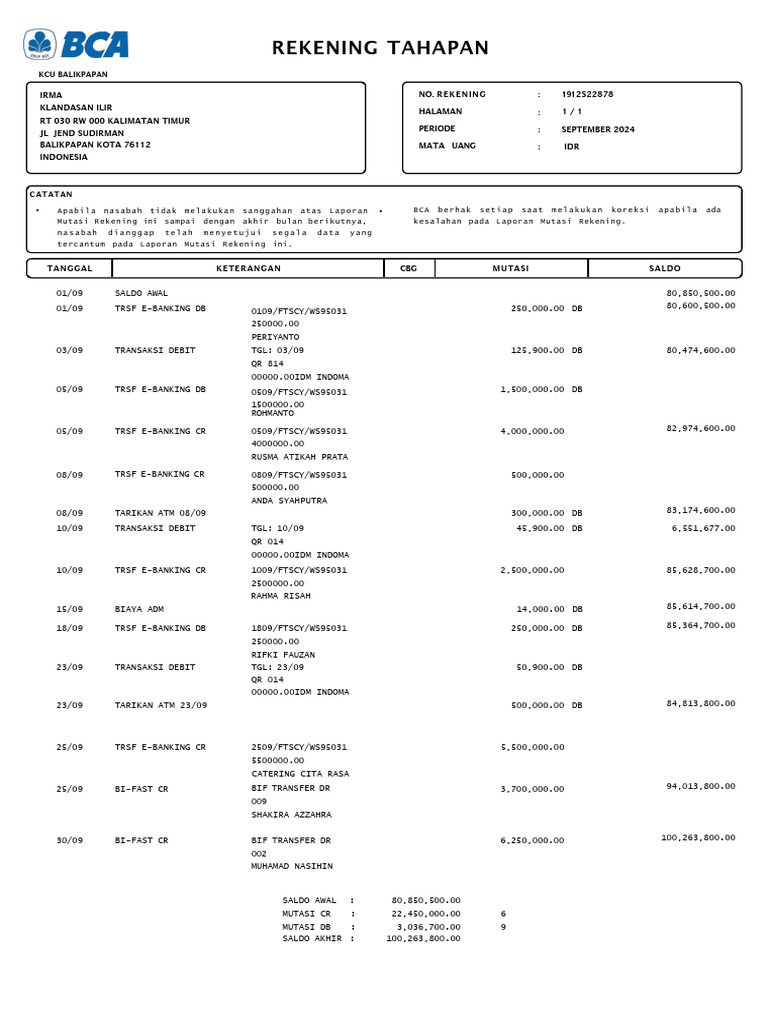 BCA REK KORAN_SEP_OKT_NOV 2024 (1) | PDF