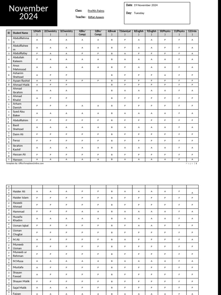 Monthly Student Attendance Sheet Template | PDF