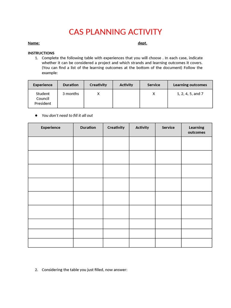 YOUR NAME - CAS Planning Activity | PDF