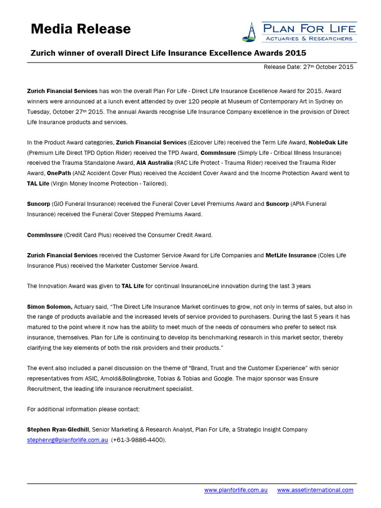 PFL Media Release Direct Life Insurance Awards 2015 | PDF | Life ...