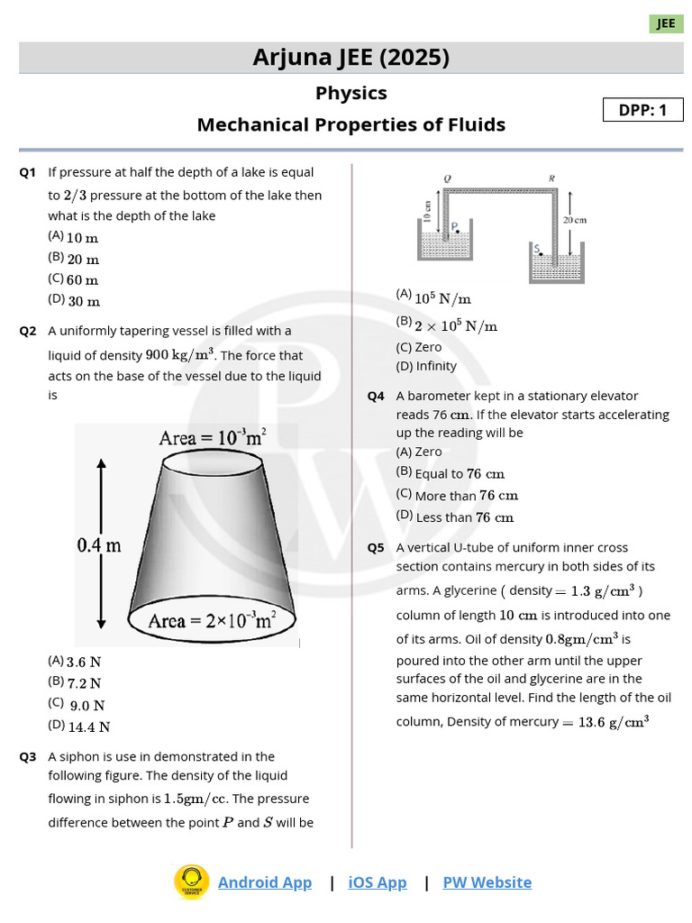 675ad30f69338c662645a4f3 - ## - Mechanical Properties of Fluids - DPP 01 (Of Lec 05) - Arjuna ...