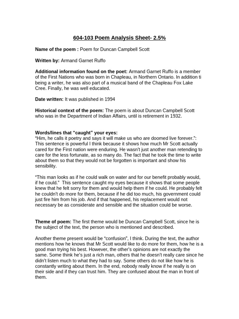 Analysis of "Poem for Duncan Campbell Scott" | PDF | Poetry