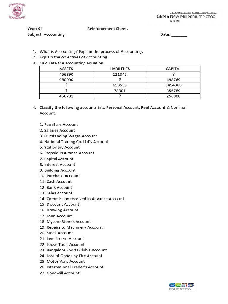 Reinforcement Sheet Accounting Year 9i | PDF | Debits And Credits ...