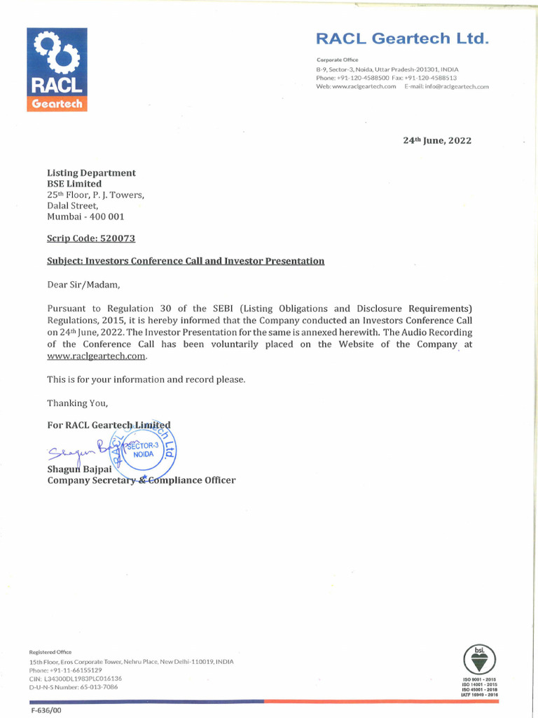 RACL Geartech LTD.: 24th June, 2022 | PDF | Financial Accounting ...