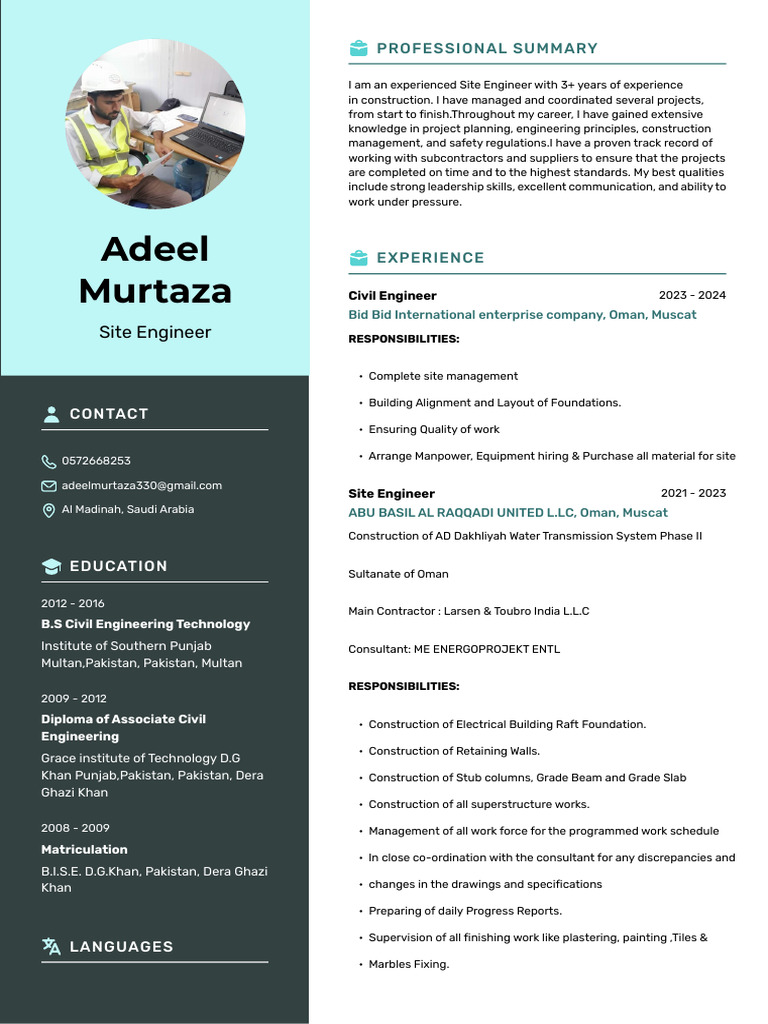 Adeel Murtaza: Site Engineer Profile | PDF | Engineering