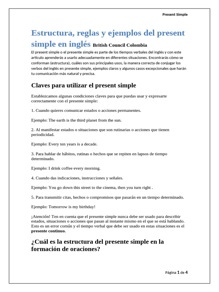 Estructura del Presente Simple en Inglés | PDF | Verbo | Oración ...