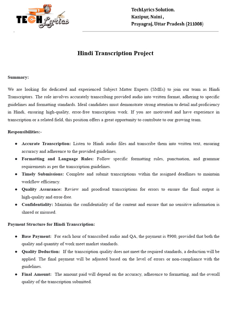 Hindi Transcription Project Overview | PDF | Proofreading