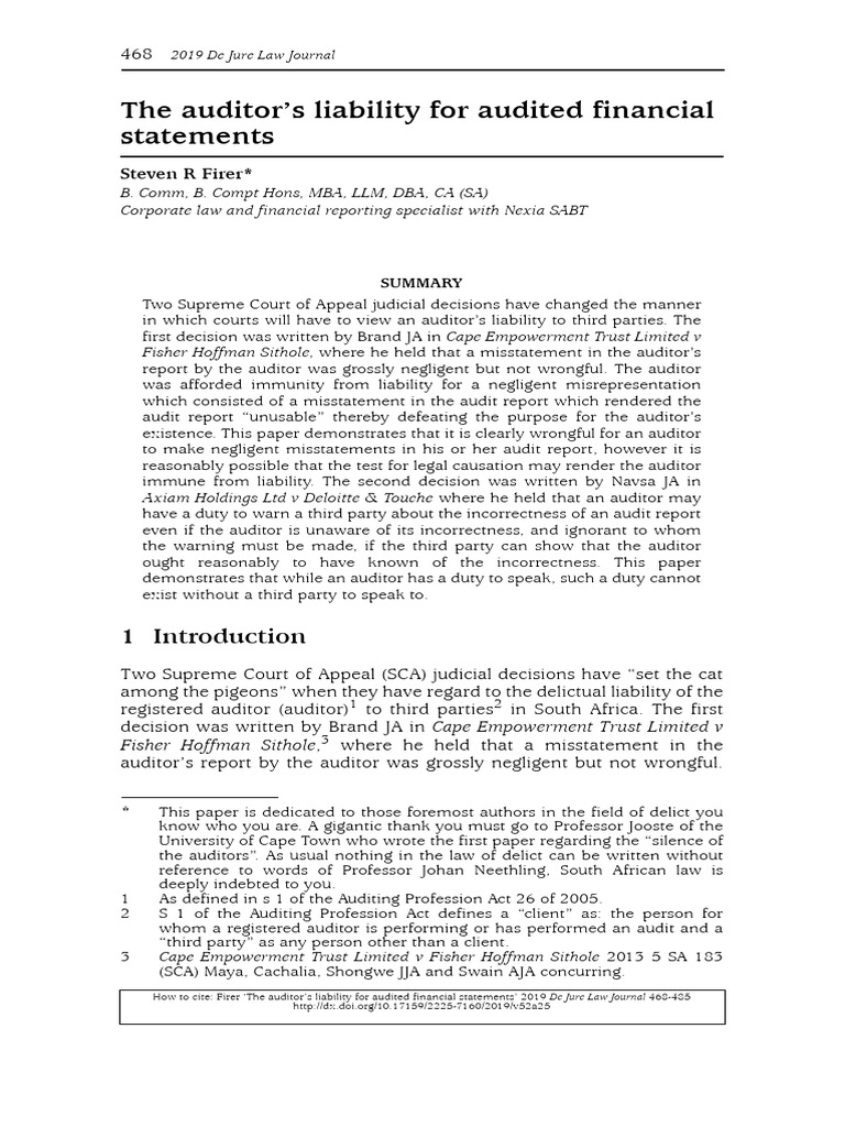 Article - The Auditor's Liability For Audited Financial Statements | PDF | Negligence | Audit