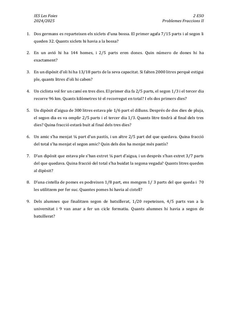Problemes 2 Fraccions | PDF