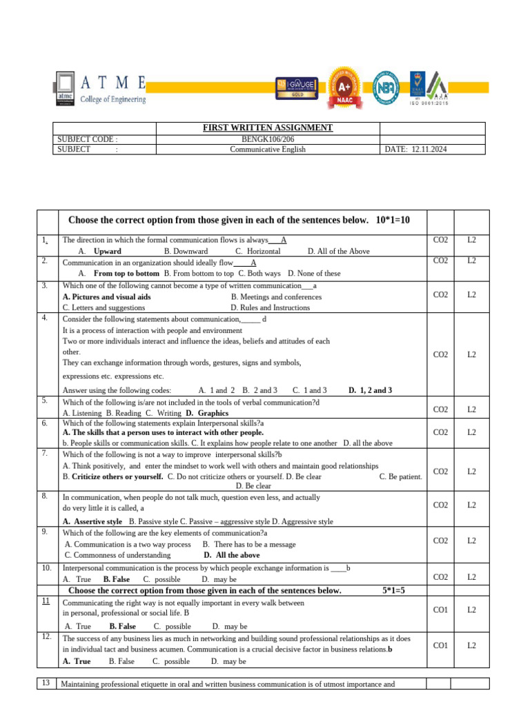 FIRST Written Assignment 2024-25 0DD SEM | PDF | Adjective | Communication