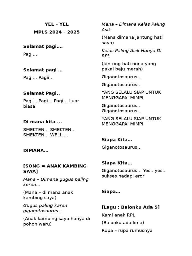 Yel-Yel Kreatif MPLS 2024-2025 | PDF