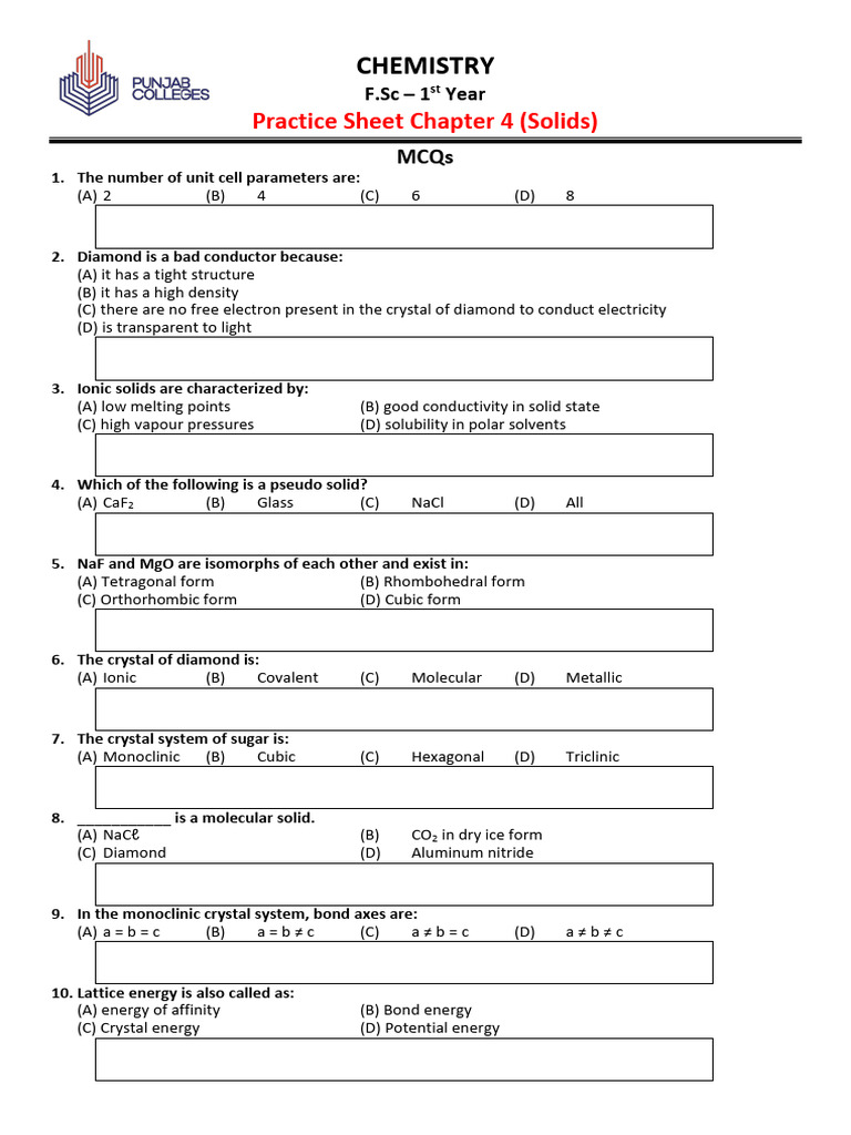 Chemistry Practice Sheet Part-1-CH#4 (Solids) | PDF | Crystal Structure | Crystal