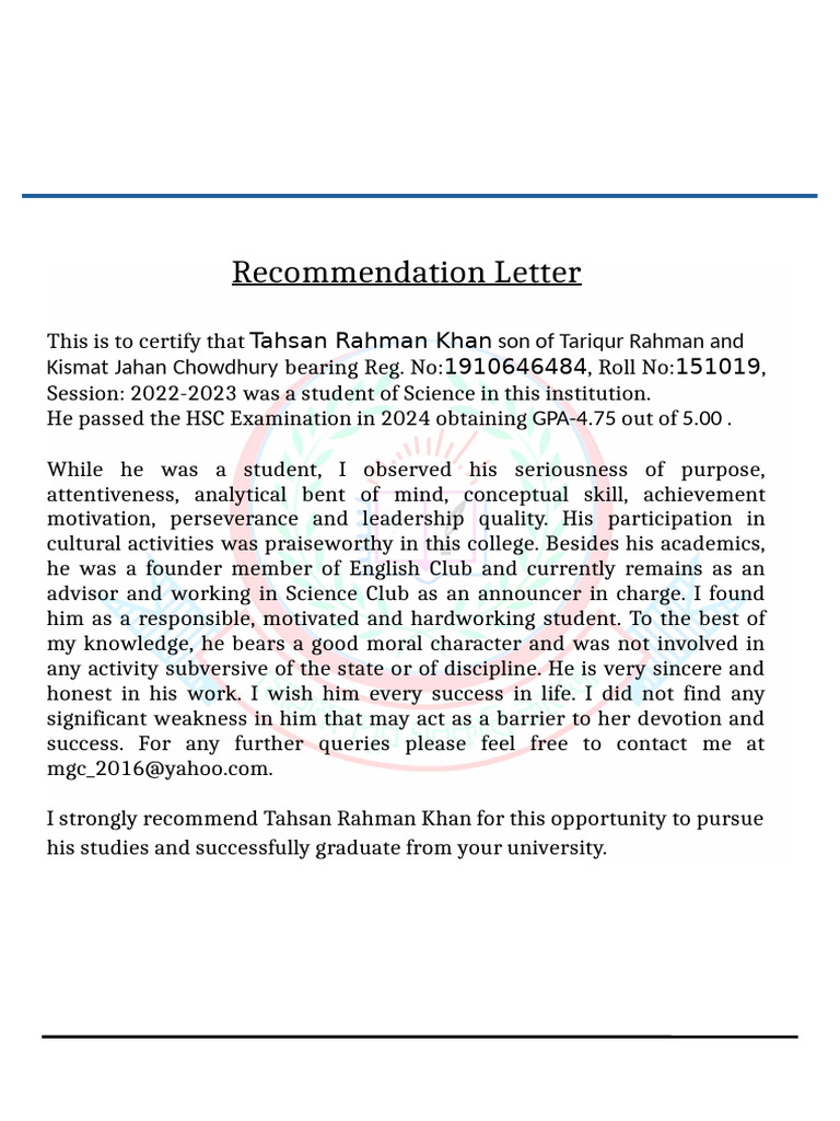 Recommendation Letter | PDF