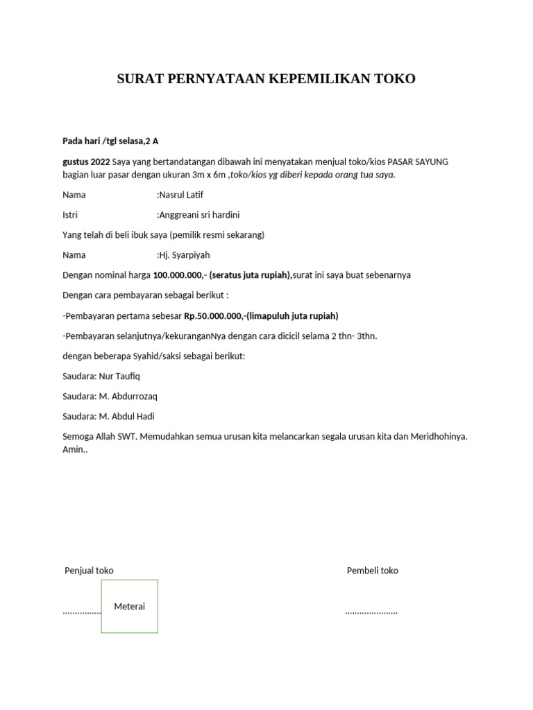 Surat Pernyataan Kepemilikan Toko | PDF