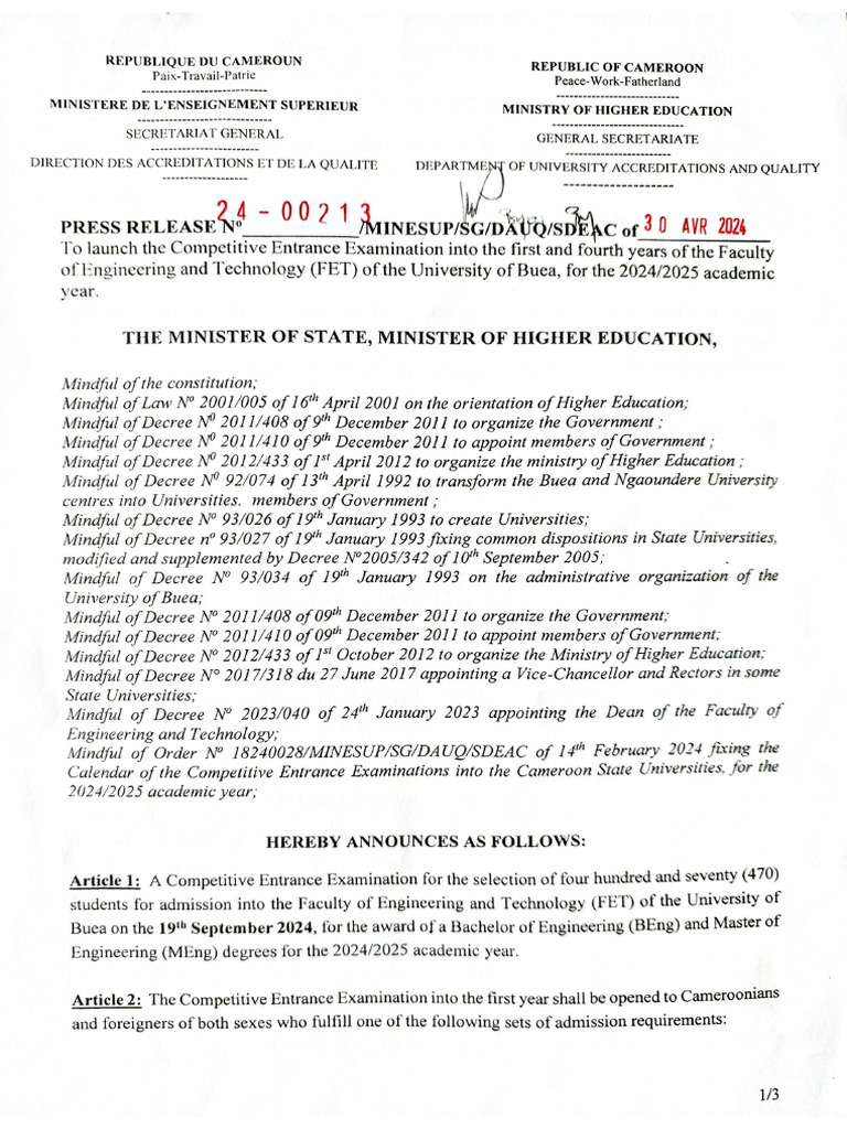 Fet Buea Concour 2024 English Version | PDF