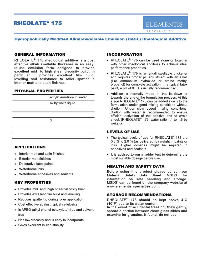 RHEOLATE 175 | PDF | Rheology | Paint