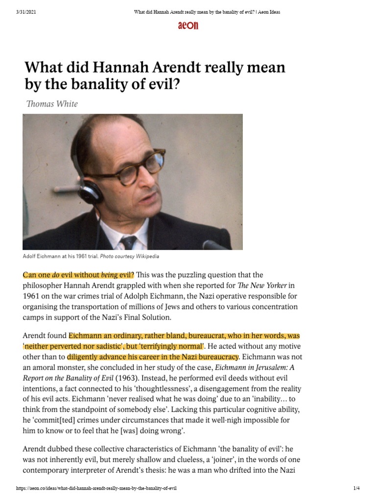 What Did Hannah Arendt Really Mean by The Banality of Evil - Aeon Ideas ...