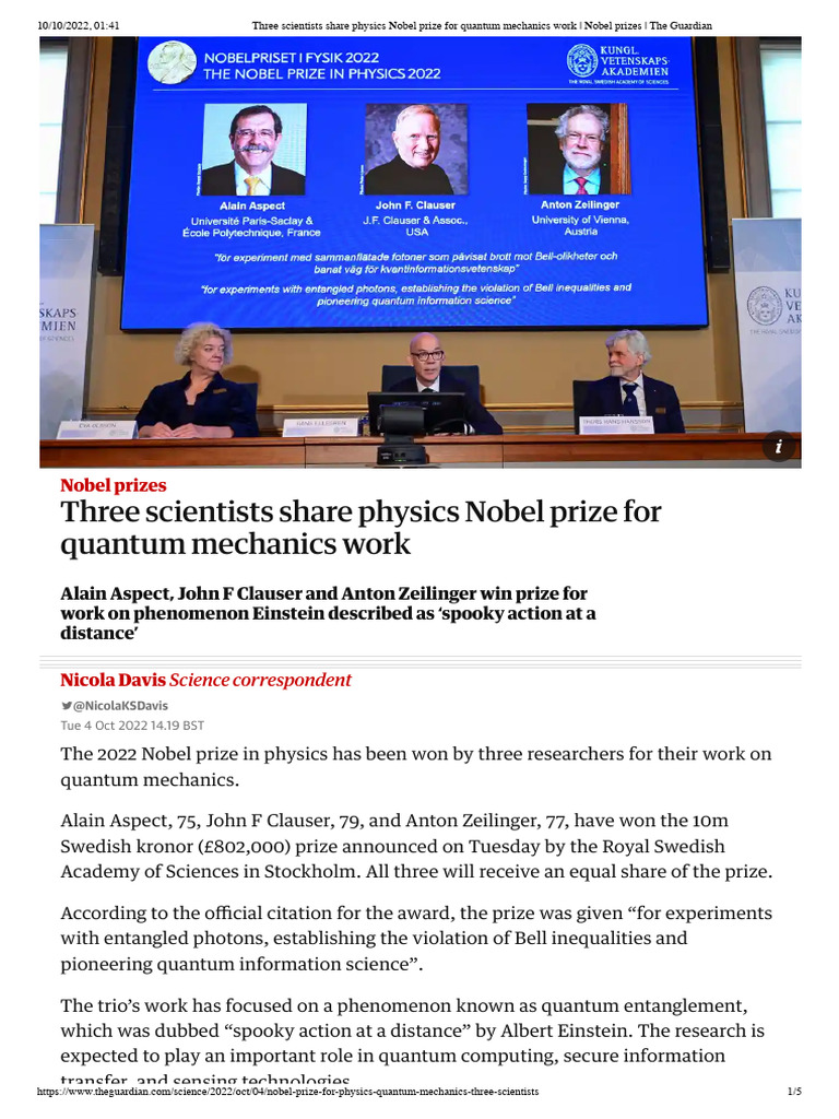 2022 Physics Nobel Prize Winners | PDF | Quantum Entanglement | Physics