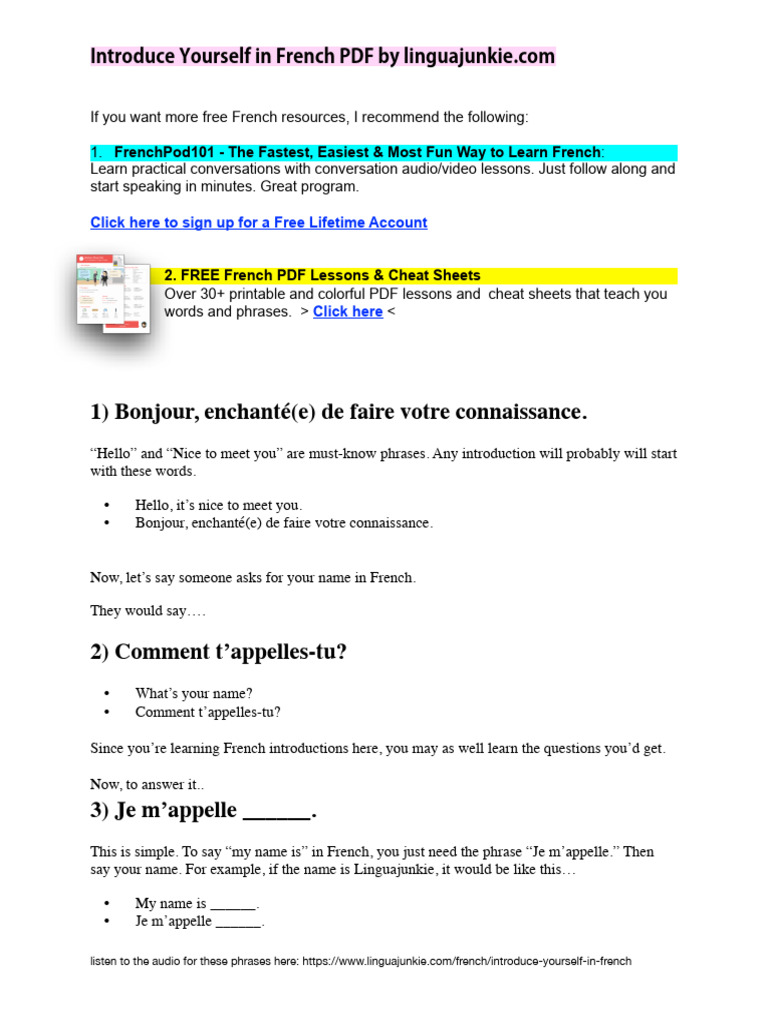 Introduce Yourself in French PDF | PDF