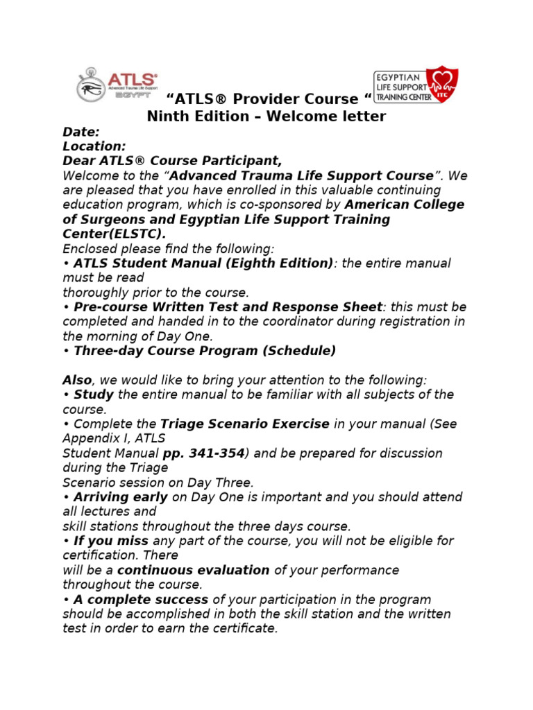 ATLS Provider Course Ninth Edition Welcome Letter | PDF