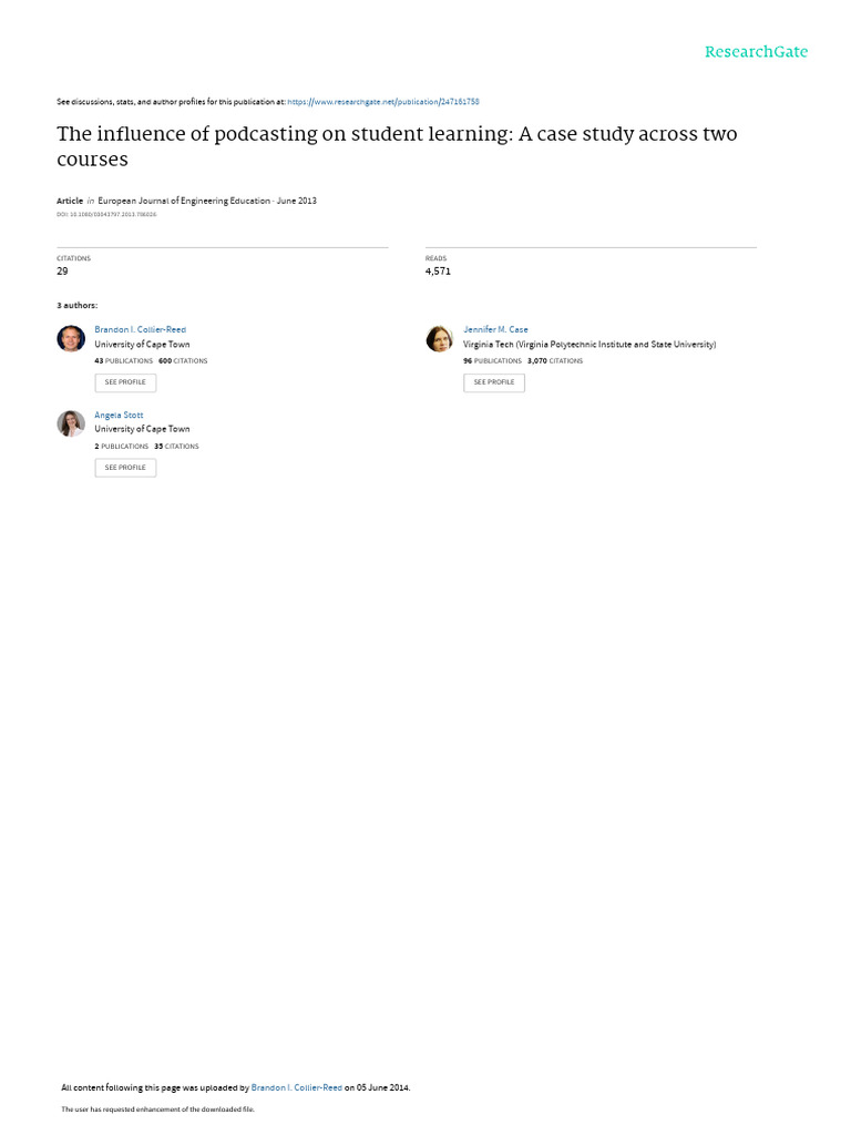 The in Uence of Podcasting On Student Learning: A Case Study Across Two ...