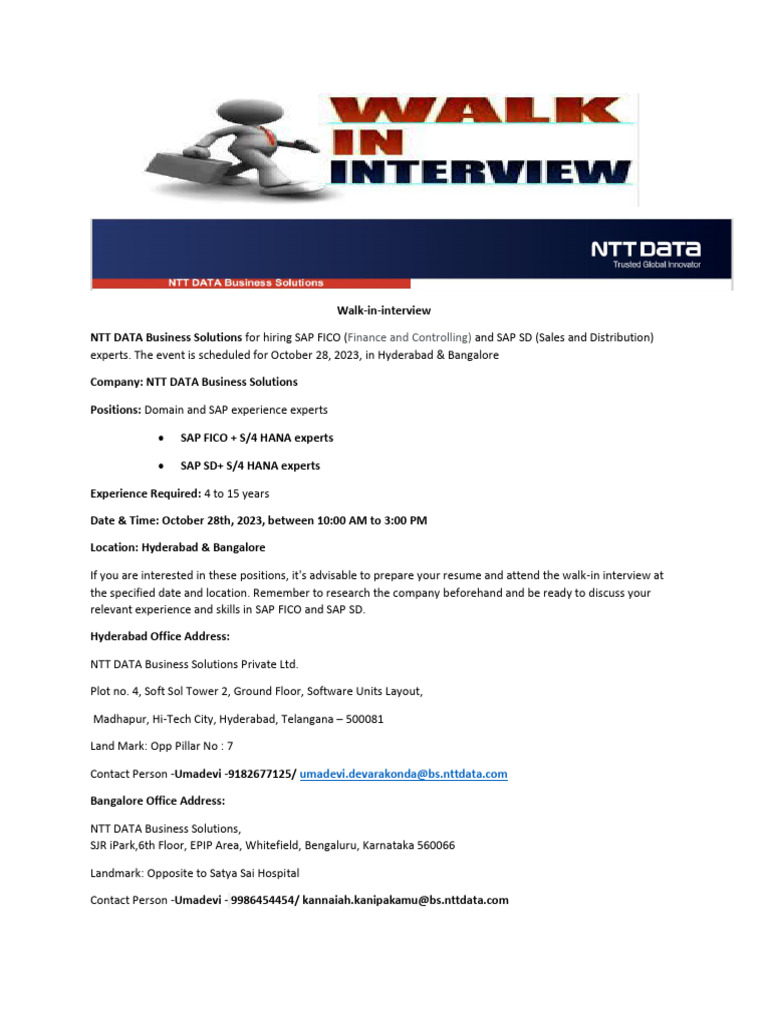 Walk in NTT DATA Busienss Solutions Hiring SAP SD FICO 1698406489 | PDF