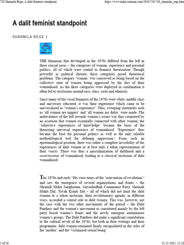 Dalit Feminism Sharmila Rege | PDF | Feminism | Gender Studies