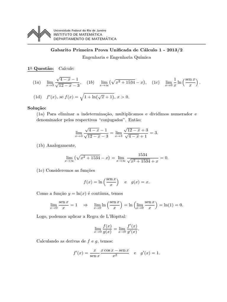 Prova p1 Gab Calc1 2013 2 Eng | PDF | Derivado | Analise matemática