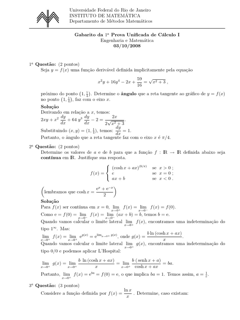 Prova p1 Gab Calc1 2008 2 Eng | PDF | Conceitos matemáticos | Objetos matemáticos