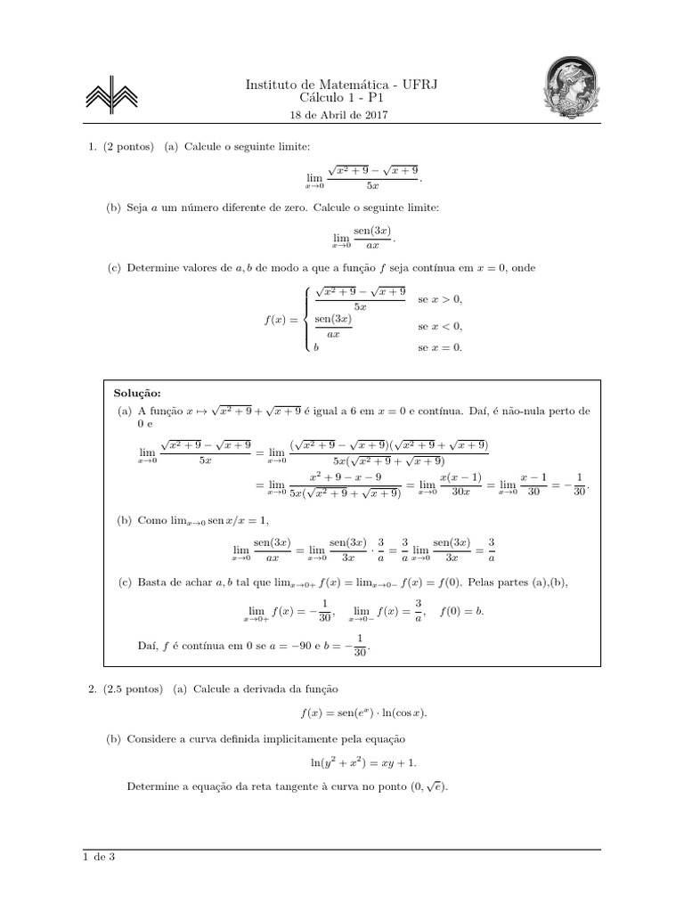 p1 Calc1 2017 1 - Gabarito | PDF | Limite (Matemática) | Matemática