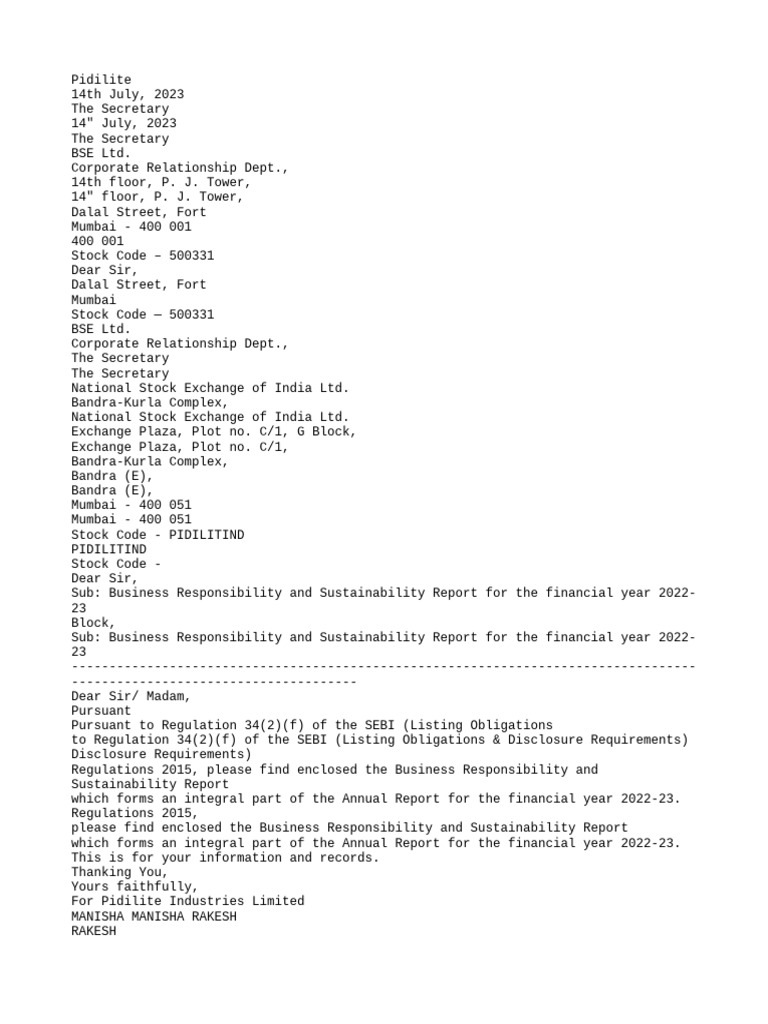 SE Intimation Business Responsibility and Sustainability Report 1 | PDF ...