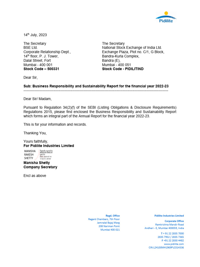 SE Intimation Business Responsibility and Sustainability Report 1 | PDF ...