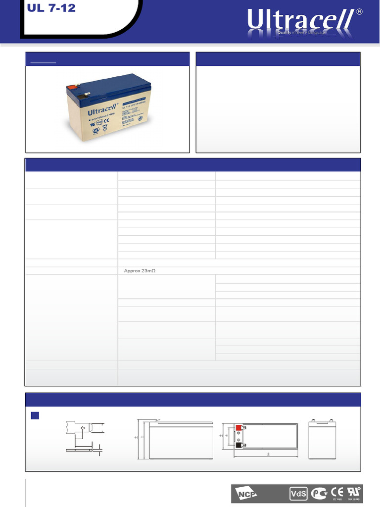 Datasheet Ultracell UL7 12 | PDF | Rechargeable Battery | Electricity