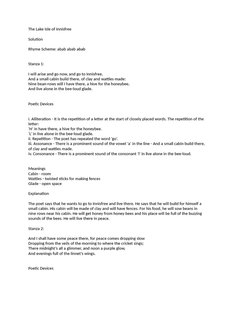 Innisfree: Meaning and Rhyme Scheme | PDF | Poetry | Poetics
