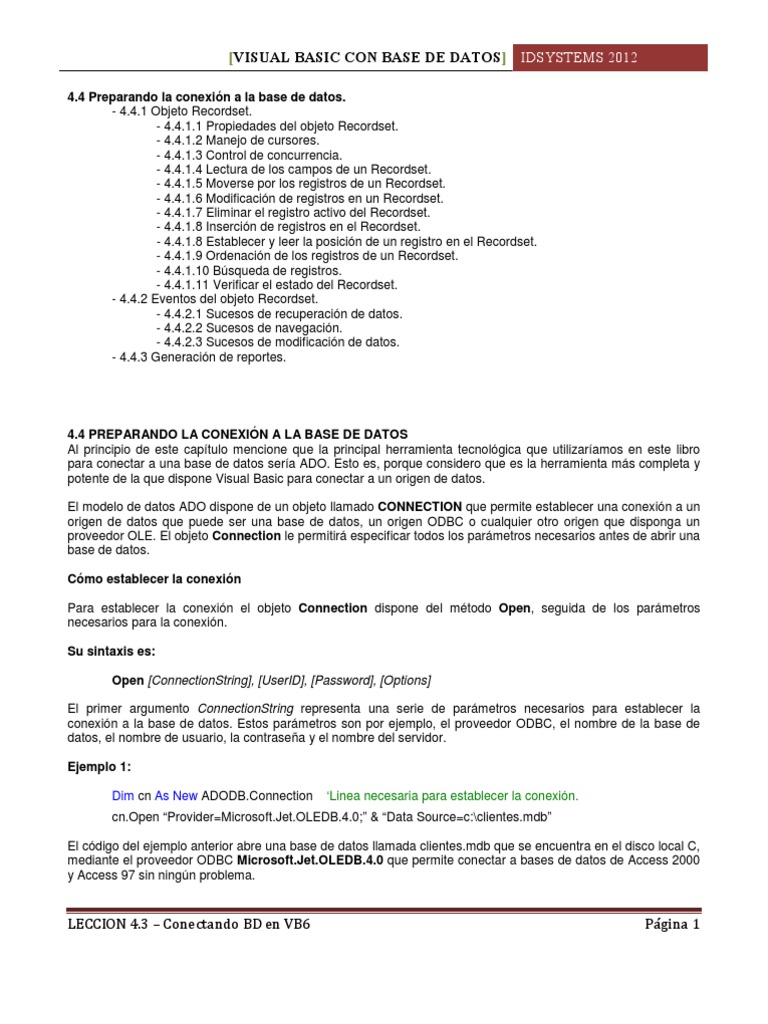 Leccion 4.3 - Conectando BD en VB6 | PDF | Active X Data Objects | Tabla (base de datos)