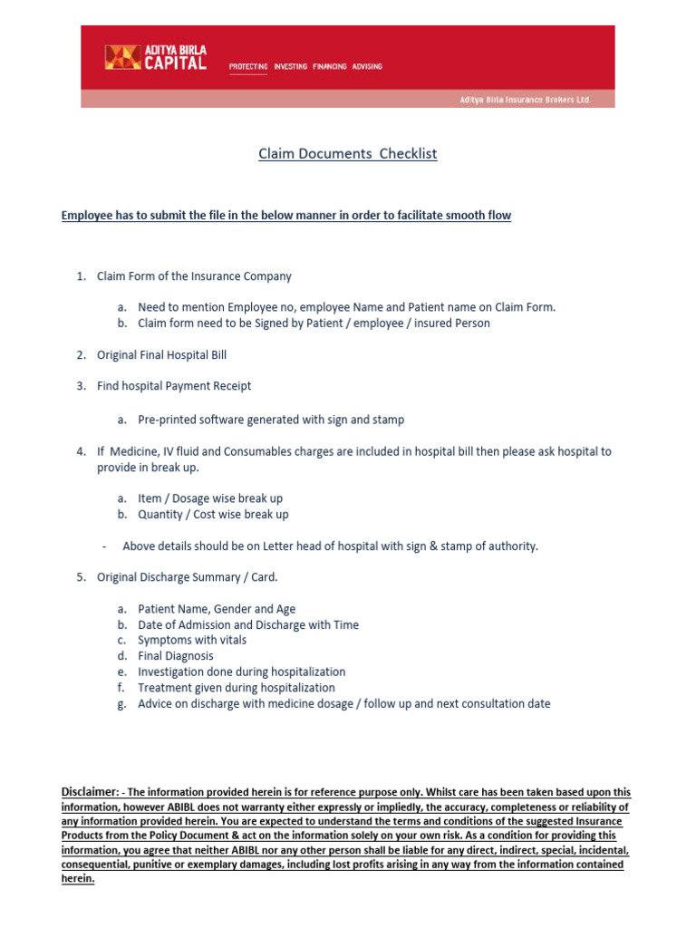 Insurance Claim Document Checklist | PDF | Hospital | Surgery