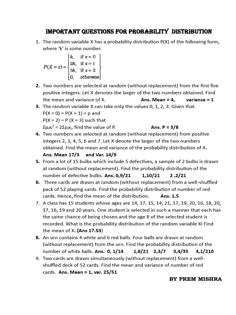 Important Questions For Probability Distribution | PDF