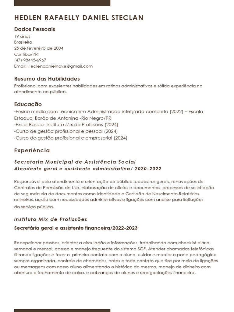 Currículo de Hedlen Rafaelly Daniel | PDF