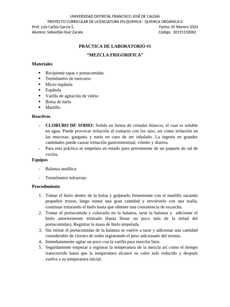 Pre Informe de Laboratorio Mezcla Frigorifica | PDF | Agua | Química