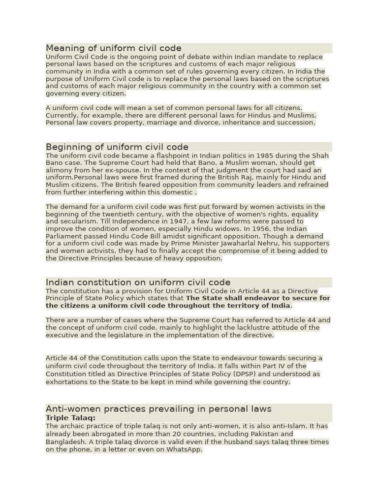 Meaning of Uniform Civil Code | PDF | Government | Social Institutions