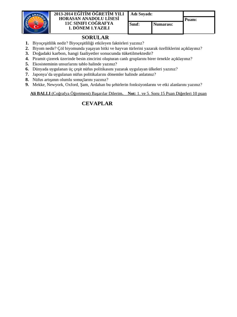 11-Sinif-1.Donem-1.Yazili 4 | PDF