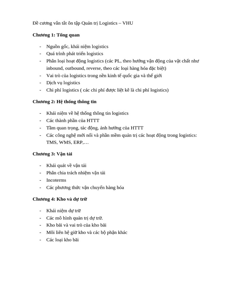 Đề cương vắn tắt ôn tập QT Logistics | PDF
