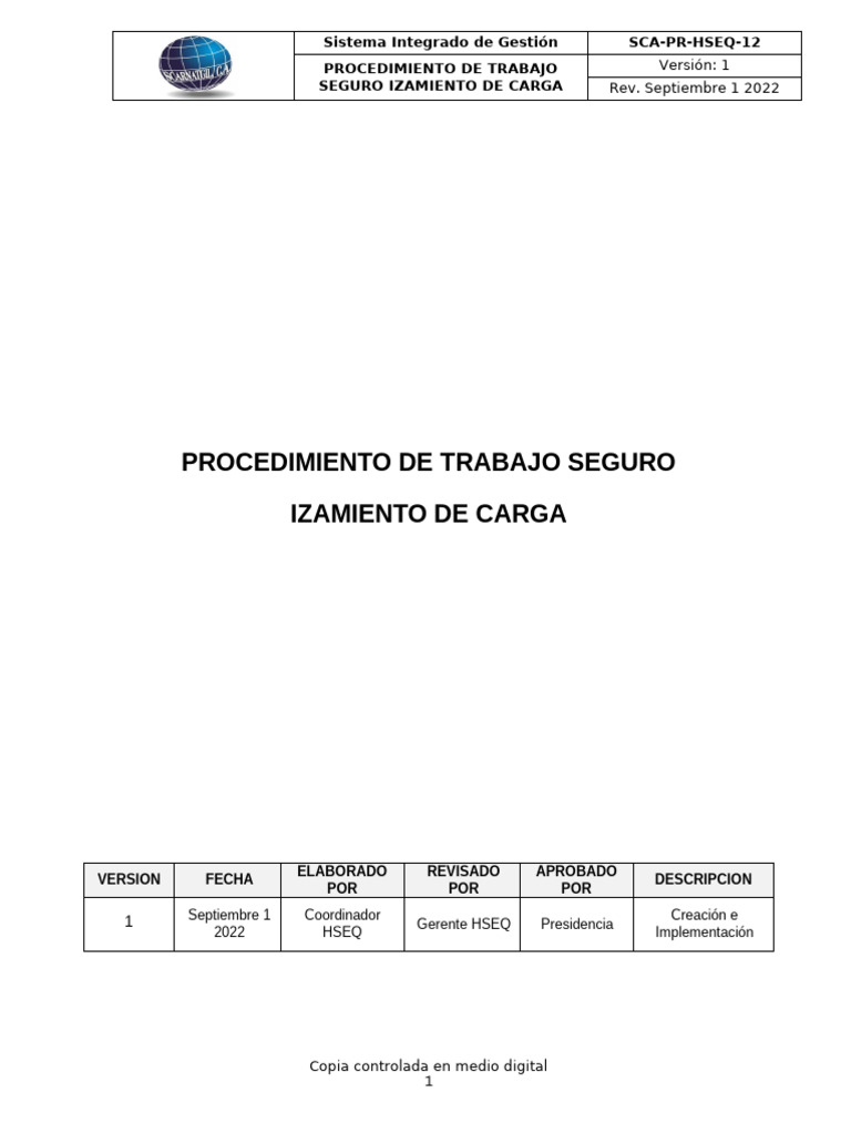 SCA-PR-HSEQ-12 Procedimiento de Trabajo Seguro para Izamiento de Cargas | PDF | Acero | Alto voltaje