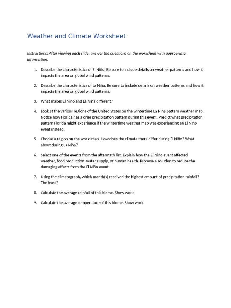 El Niño vs La Niña Worksheet | PDF