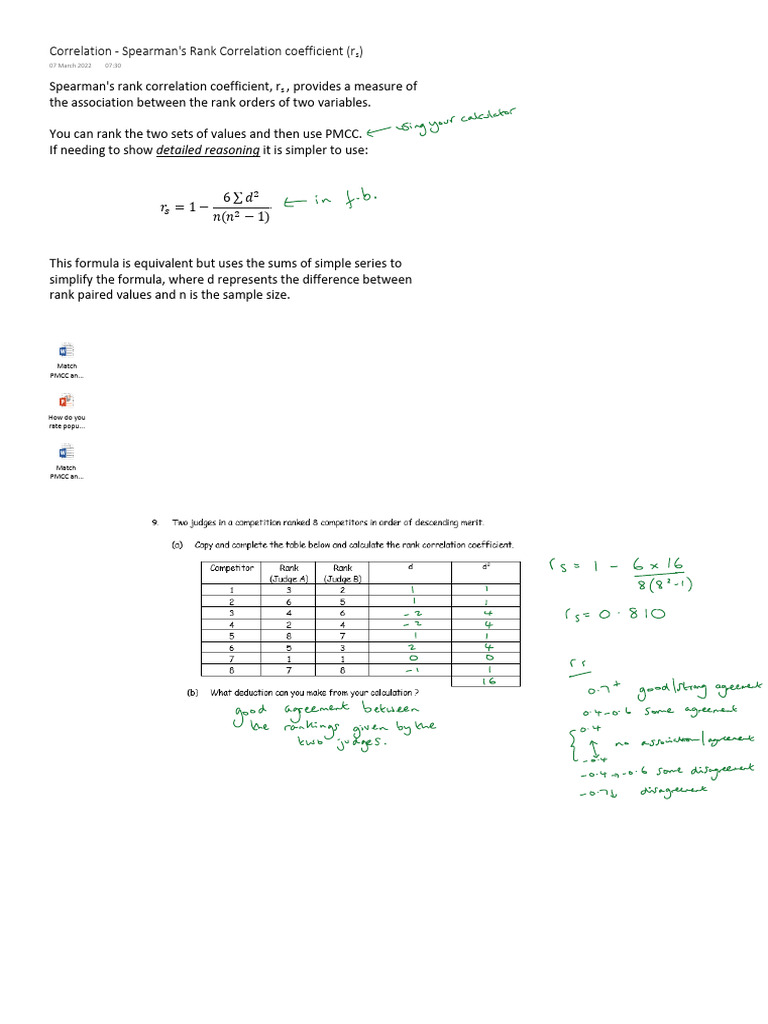 Correlation - Spearman's Rank Correlation coefficient (rs) 070322 | PDF
