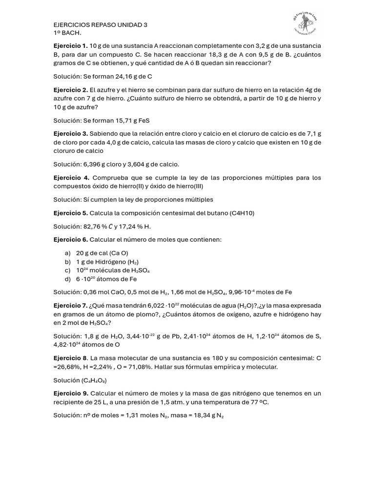 Ejercicios Química 1º Bachillerato | PDF | Concentración | Mole (Unidad)
