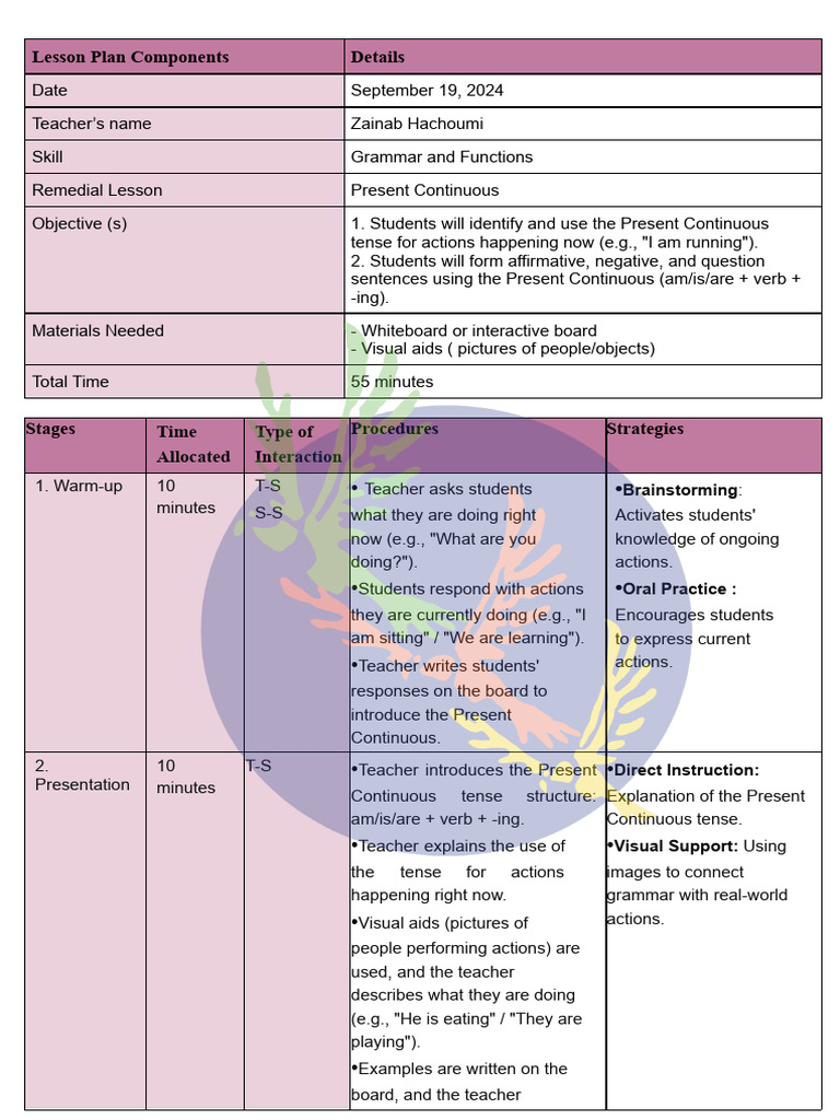 LP Present Continuous | PDF | Lesson Plan | Education Theory